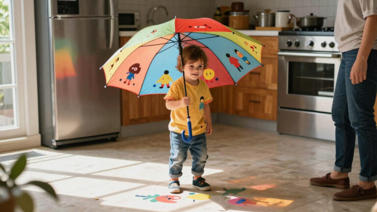 this children’s umbrella casts playful characters onto the ground ...